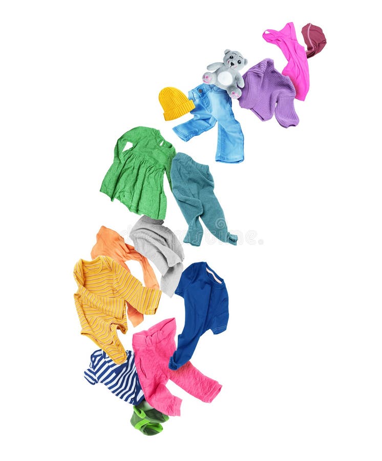 Colored Baby Clothes in the Air Isolated on a White Background Stock ...