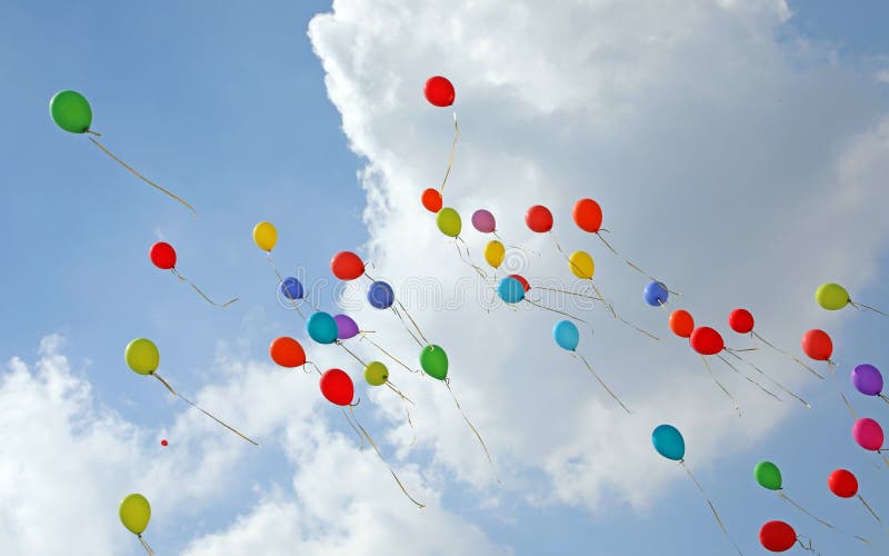Colored Balloons Fly Up Towards the Sky Stock Photo - Image of overfly ...
