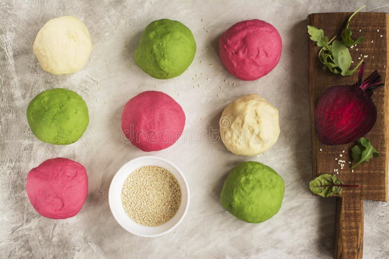 Colored Balls of Dough Ready for Baking Stock Photo - Image of text ...