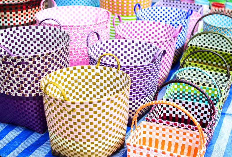Colored Baskets at an Outside Market Stock Image - Image of craft ...