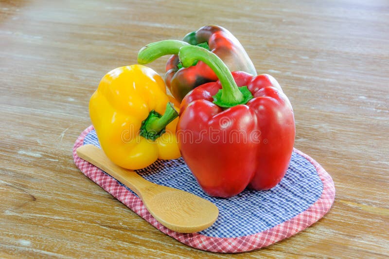 Colored Bell Peppers on Wooden Table Stock Image - Image of wood ...