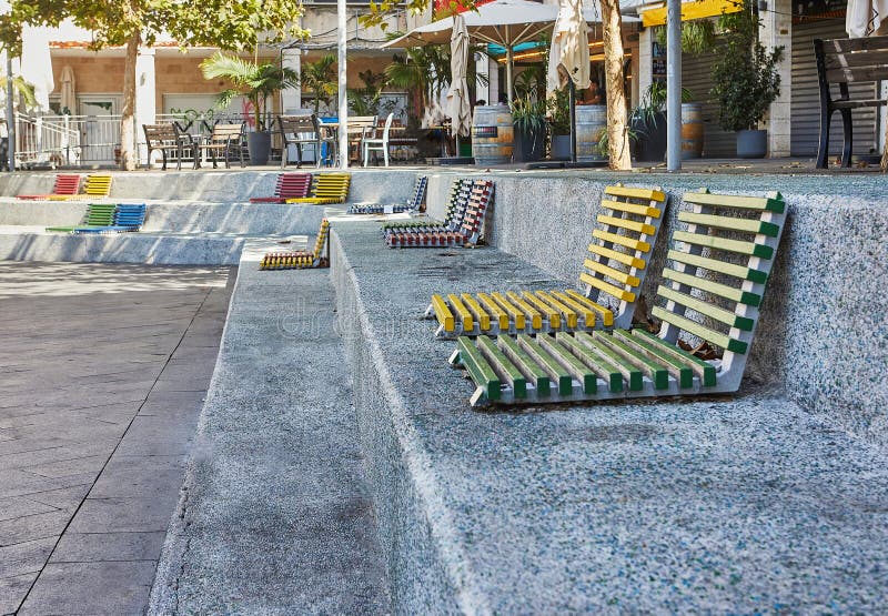 Colored Benches in the City Square. Musical Concept Stock Image - Image ...