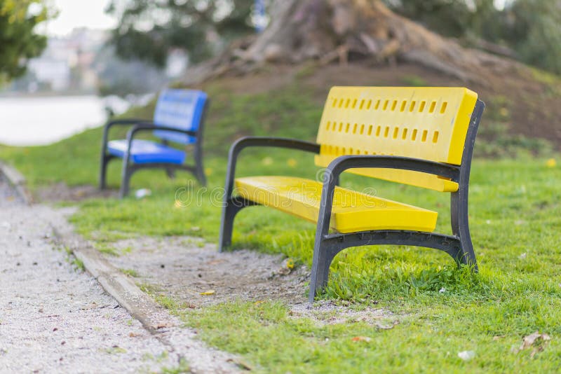 Colored benches. stock image. Image of grass, colors - 62226617