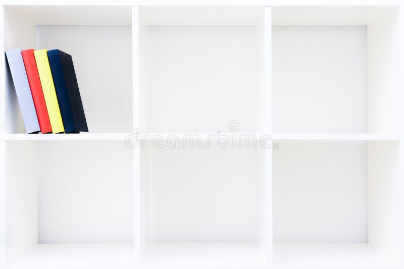 Colored Books Red Yellow and Blue on White Bookshelf Stock Image ...