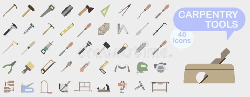 Colored Bright Icons of Carpentry Tools. Collection of Carpentry Tools ...