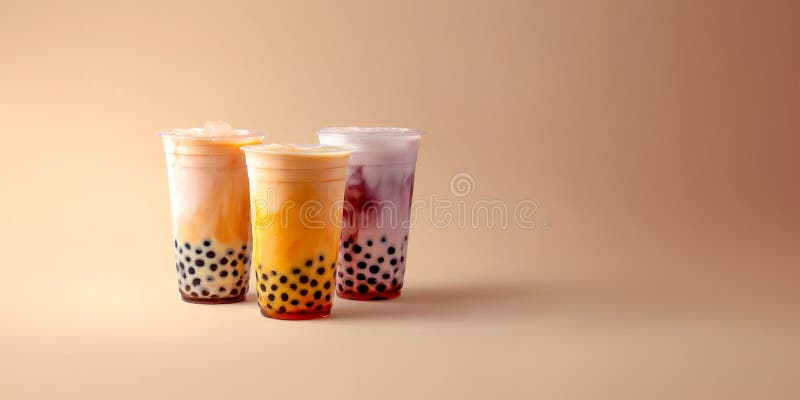 Colored Bubble Tea Drinks in Plastic Cups with Tapioca Balls on Beige ...