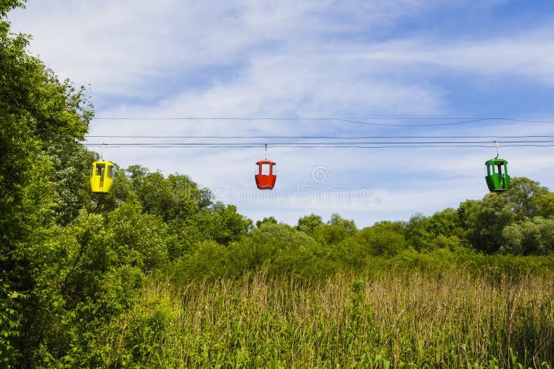 Colored Cabins of Cableway with Summer Landscape. Stock Image - Image ...