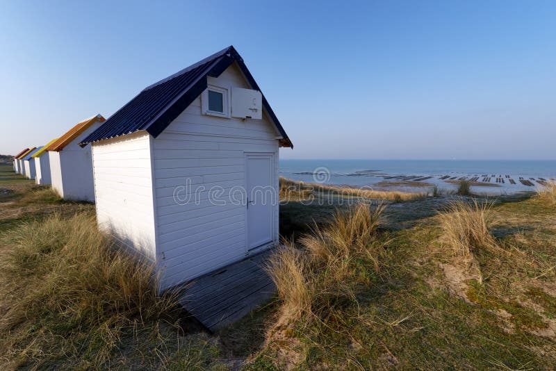 Colored Cabins of Gouville-sur-Mer Village Stock Photo - Image of cabin ...
