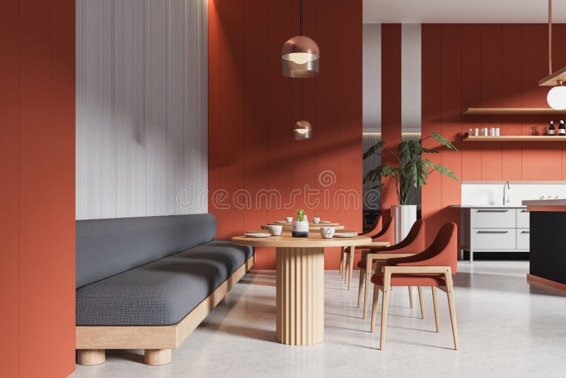 Colored Cafeteria Interior with Dining Space and Kitchen Cabinet with ...