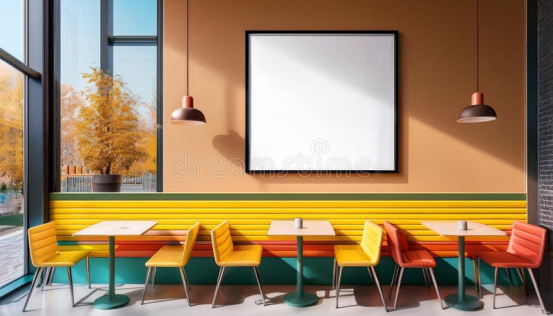 Colored Cafeteria Interior with Seats and Tables in Row, Window and ...