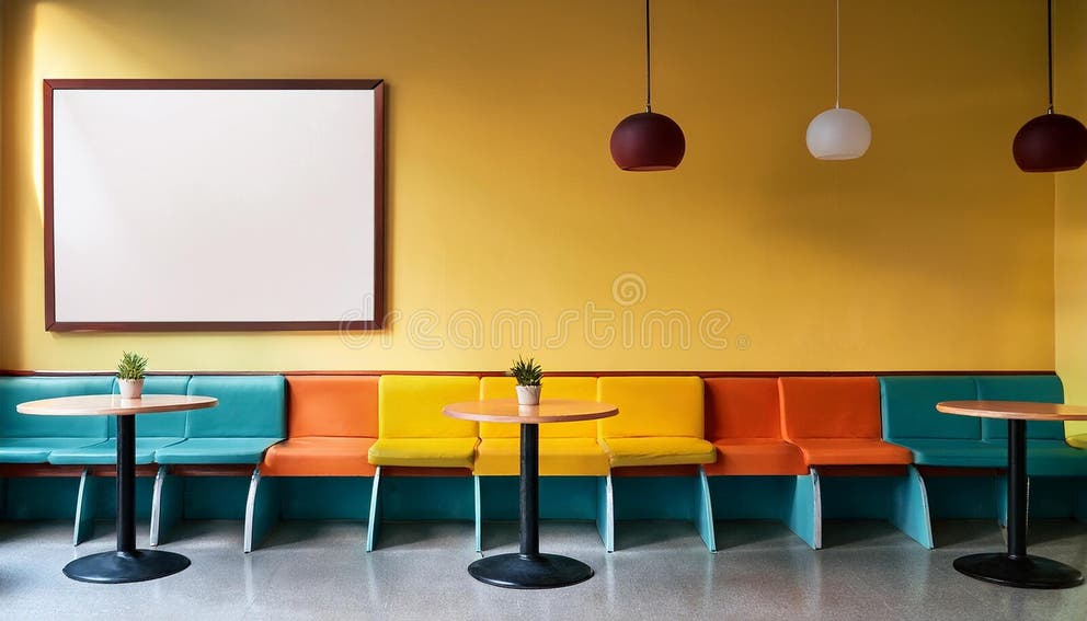 Colored Cafeteria Interior with Seats and Tables in Row, Window and ...