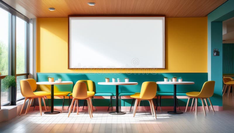 Colored Cafeteria Interior with Seats and Tables in Row, Window and ...