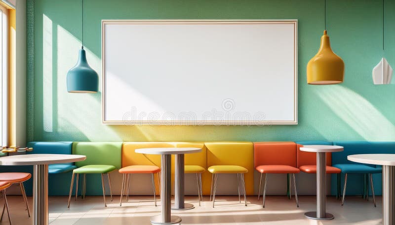 Colored Cafeteria Interior with Seats and Tables in Row, Window and ...