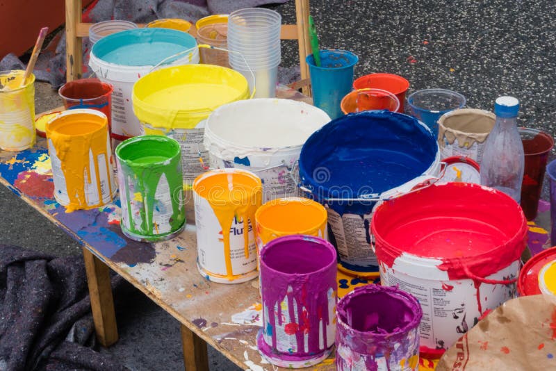 Colored Cans Open on a Table Stock Photo - Image of liquid, activity ...
