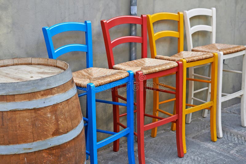 Colored Chairs in Street Cafe Stock Photo - Image of coffee, turquoise ...