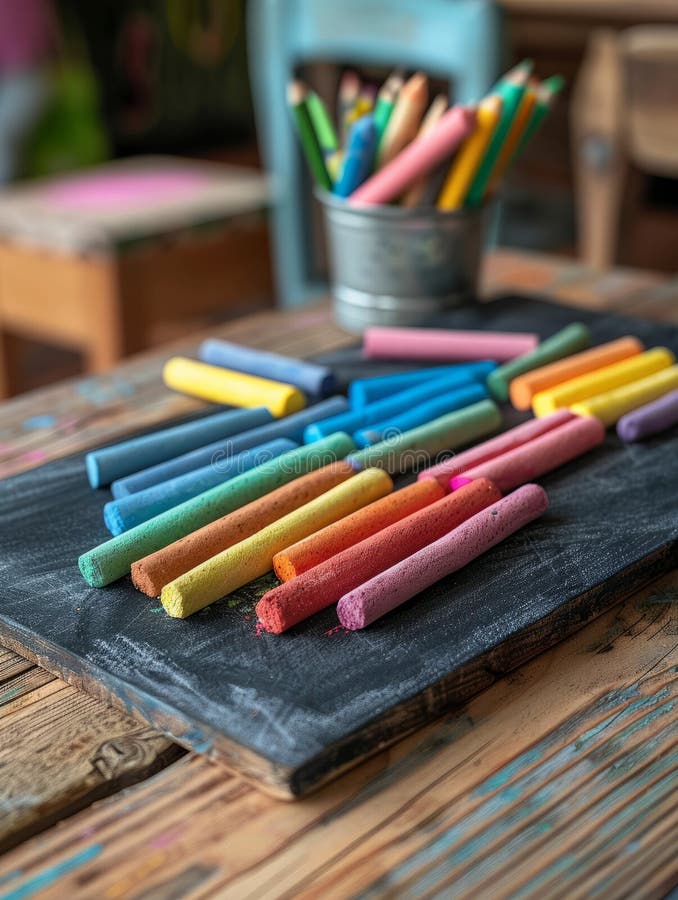 Colored Chalk and Blackboard in Vibrant Classroom Setting Stock Image ...