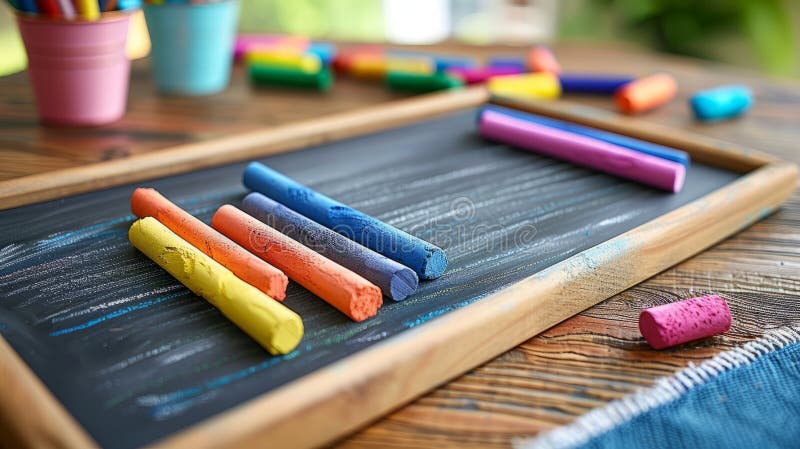 Colored Chalk Sticks on a Blackboard in a Classroom Setting. Stock ...