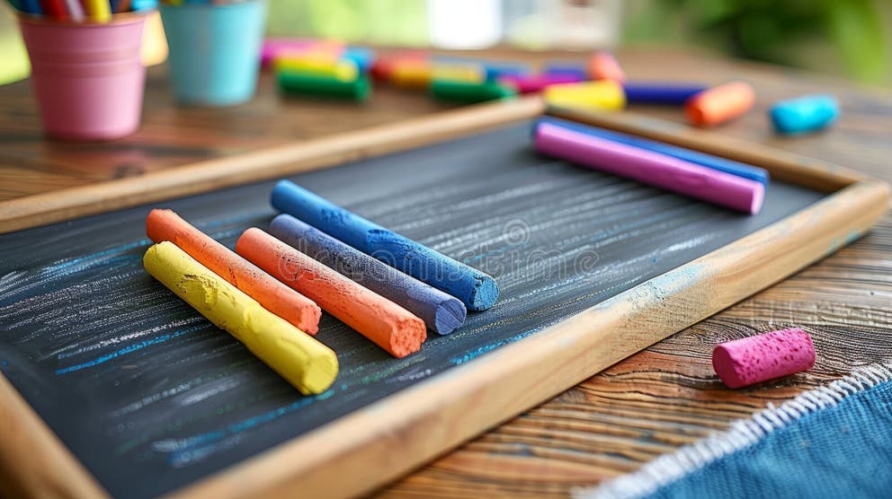 Colored Chalk Sticks on a Blackboard in a Classroom Setting. Stock ...
