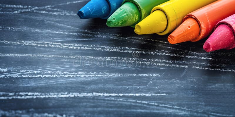 Colored Chalks for Drawing Lie on Blackboard with Marks Closeup. Wide ...
