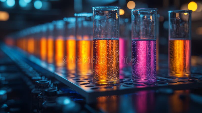 Colored Chemical Liquid Tubes or Bottles on Lab Table Stock ...