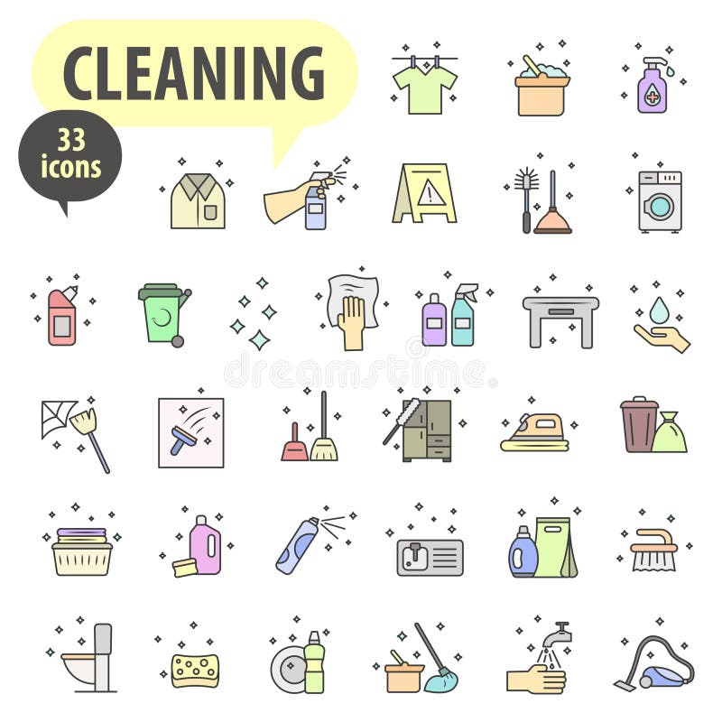 Colored Cleaning Company Symbol Icons with Outline. Vector Set of ...