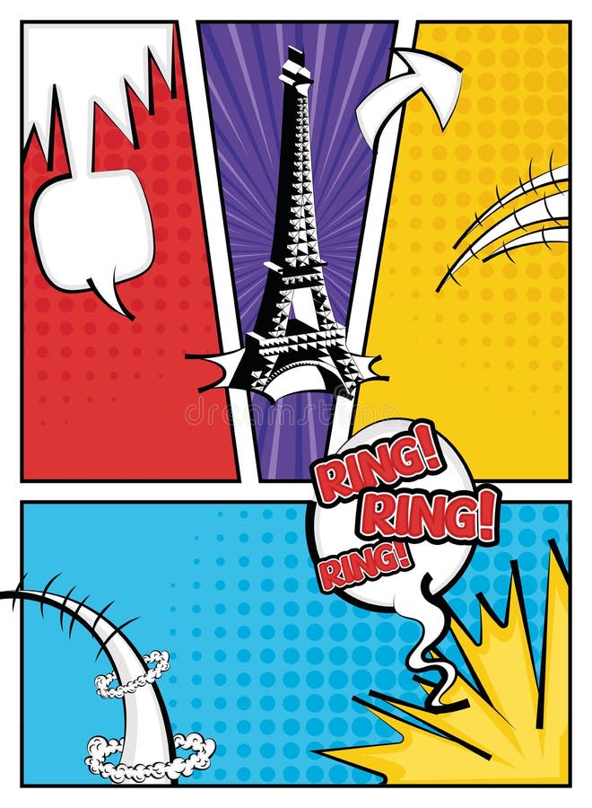 Colored Comic Page with Eiffel Tower and Speech Bubbles Vector Stock ...