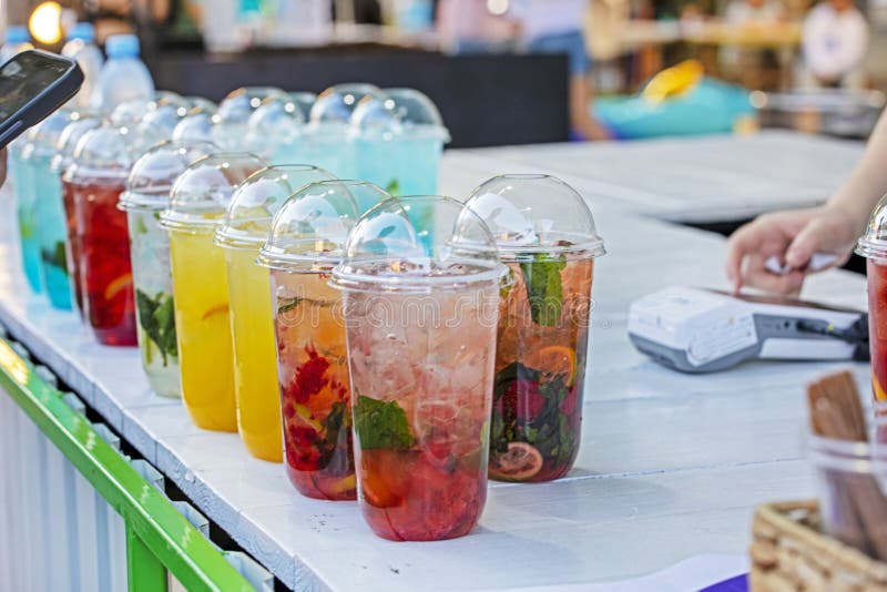 Colored Cooling Fruity Summer Drinks Outside. Stock Photo - Image of ...