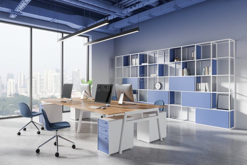 Colored Coworking Interior with Desks and Computers, Panoramic Window ...