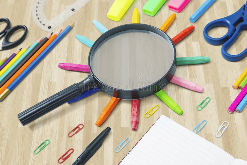 Colored Crayons with Black Magnifier Stock Image - Image of creativity ...