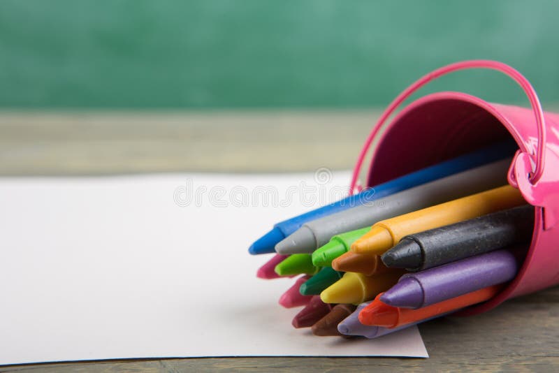 Colored Crayons and Blank Page on the Wooden Table Stock Image - Image ...