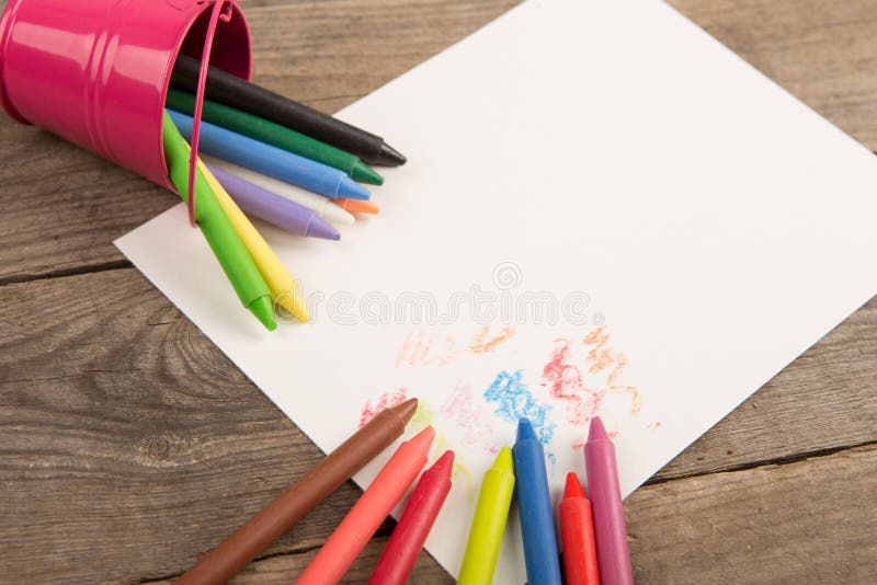 Colored Crayons and Blank Page on the Wooden Table Stock Photo - Image ...