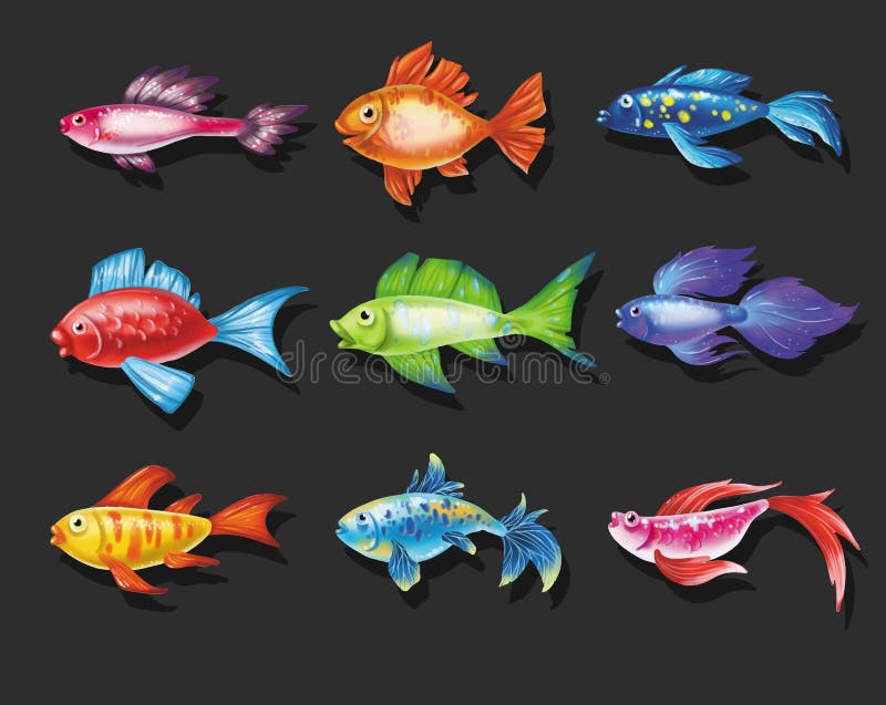 Colored Cute Sea Fish. Vector Cartoon Set of Freshwater Aquarium ...