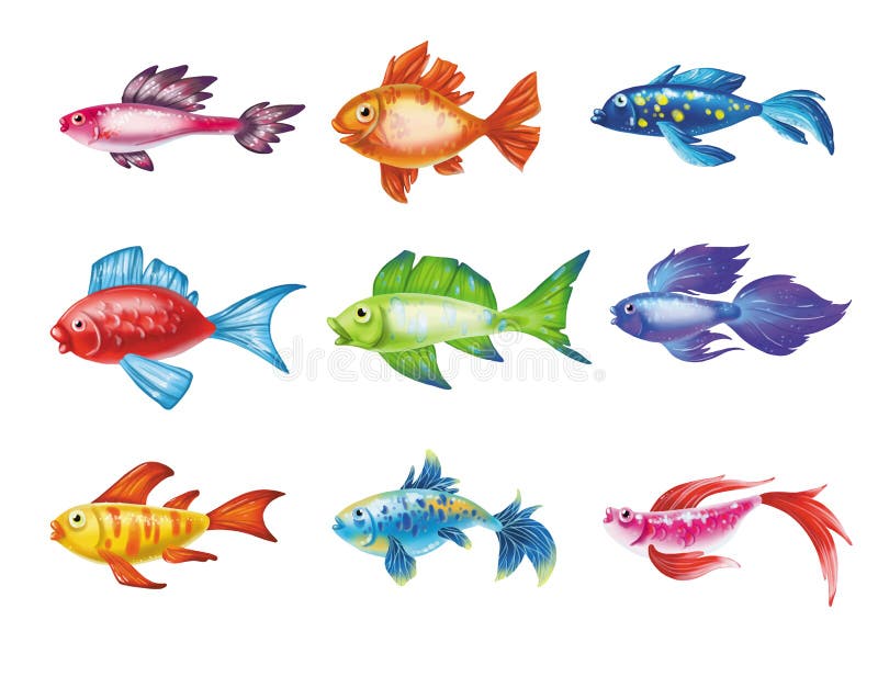 Colored Cute Sea Fish. Vector Cartoon Set of Freshwater Aquarium ...