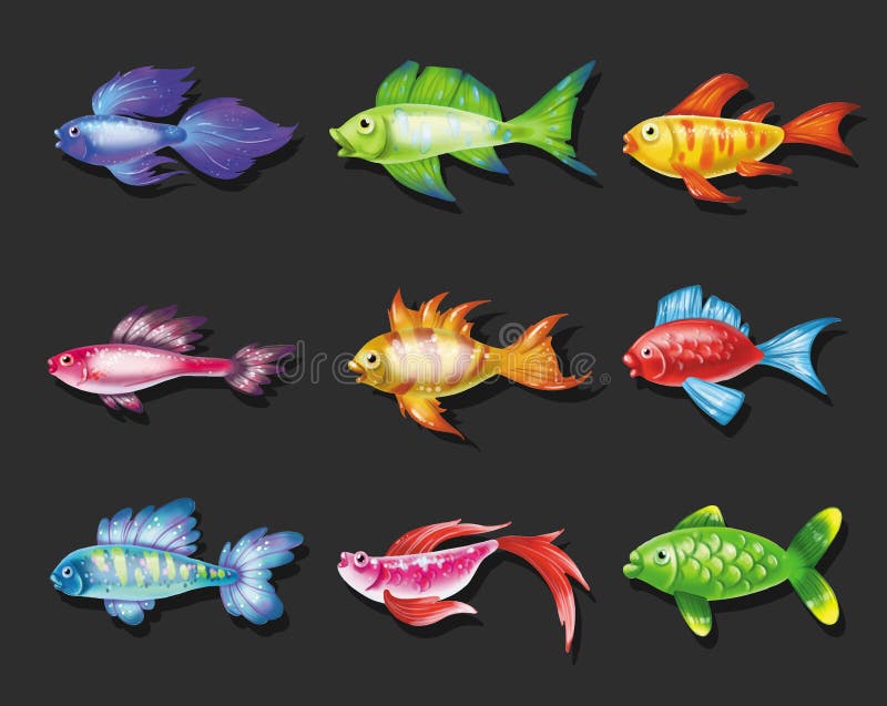 Colored Cute Sea Fish. Vector Cartoon Set of Freshwater Aquarium ...