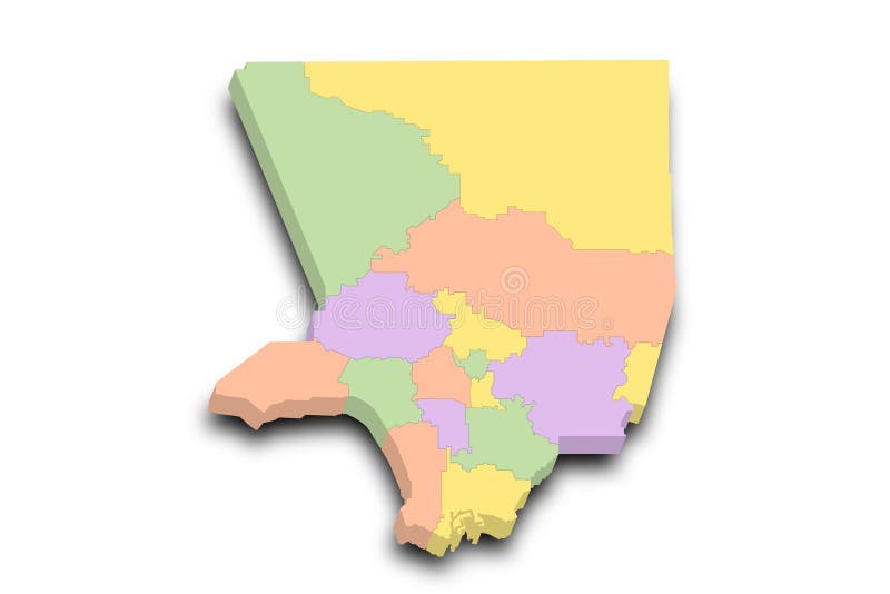 Colored 3d Los Angeles County Map and Regions, California, Us Stock ...