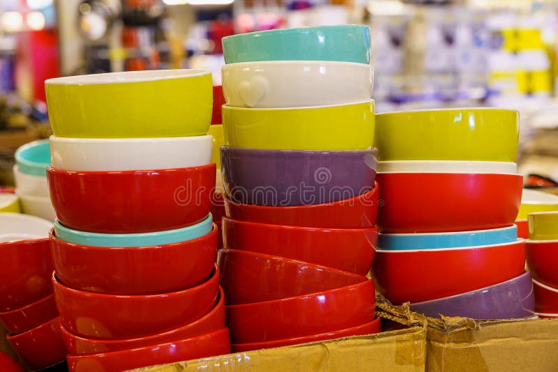 Colored Deep Plates for First Courses. Background with Copy Space Stock ...