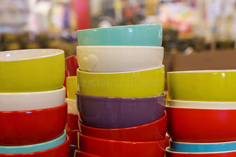 Colored Deep Plates for First Courses. Background with Copy Space Stock ...