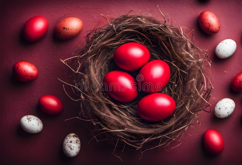 Colored Deep Red Easter Eggs in Nest Top View Background Stock ...
