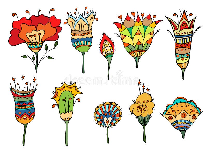 Colored doodle flowers. stock vector. Illustration of blossom - 69467977