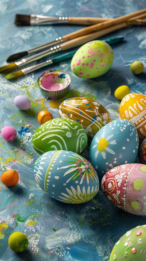 Colored Easter Eggs and Paints and Painting Brushes Laying on the Table ...
