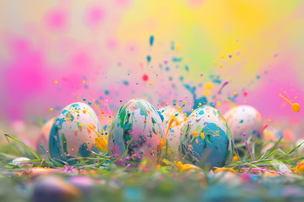 Colored Easter Eggs Splashed with Bright Paint Explosion. Creative ...
