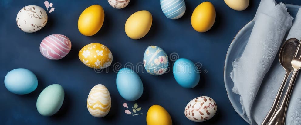 Colored Eggs. Dark Blue Easter Background with Copy Space for Text ...