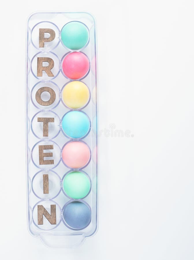 Colored Eggs with Word Protein on White Stock Image - Image of eggshell ...