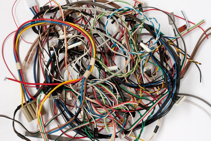 Colored Cables and Wires with Connectors on White Background. Chaos of Colorful Computer Wires ...