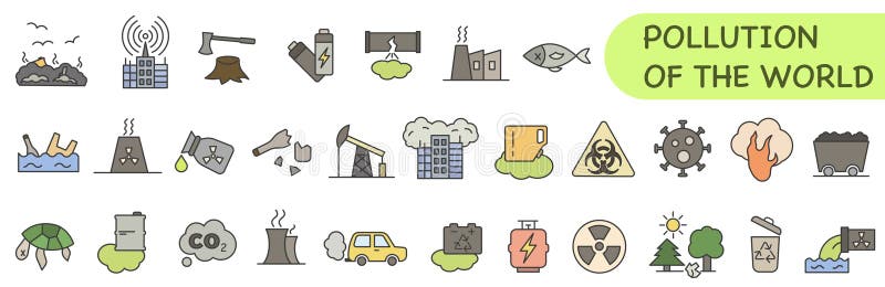 Colored Environmental Pollution Icons with Dark Outline. Causes and ...