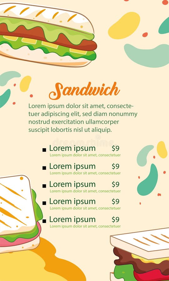 Colored Fast Food Menu with Different Sandwich Items Vector Stock ...