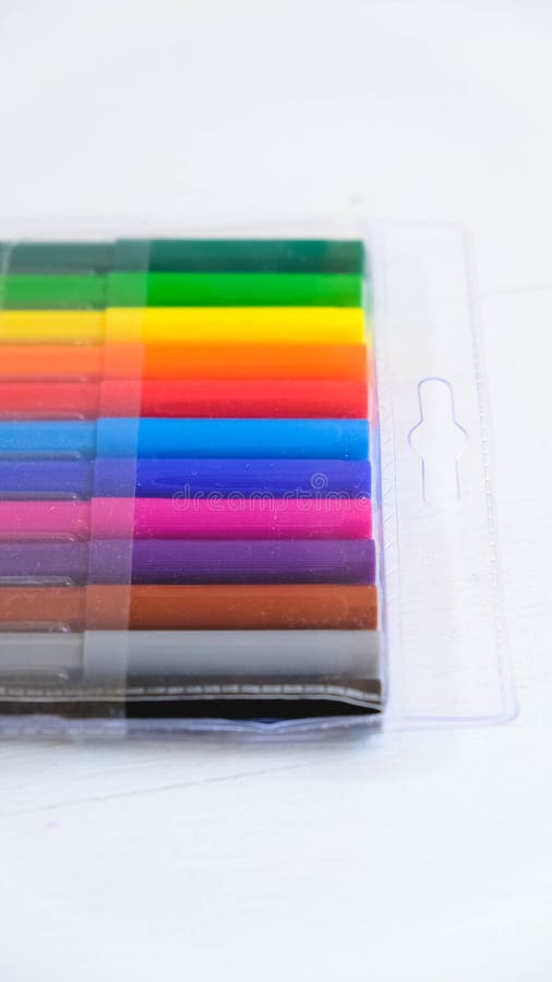 Colored Felt-tip Pens in a Transparent Package on a White Background ...