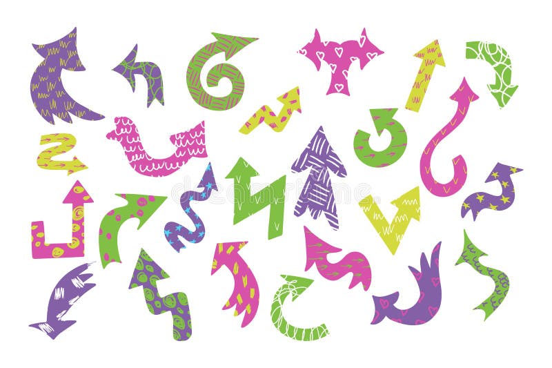 Colored Flat Hand Drawn Textured Arrows Set Stock Vector - Illustration ...