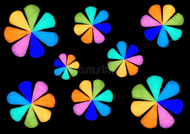Colored Flowers on a Black Background. Each Petal is a Different Color ...