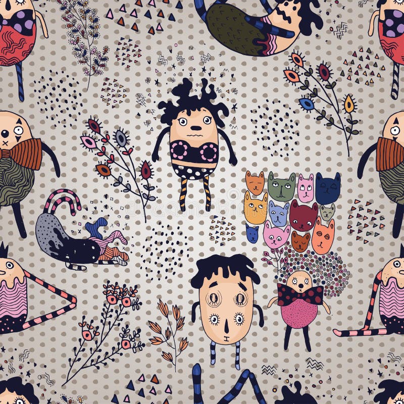 Colored Funny Characters Seamless Pattern Stock Vector - Illustration ...